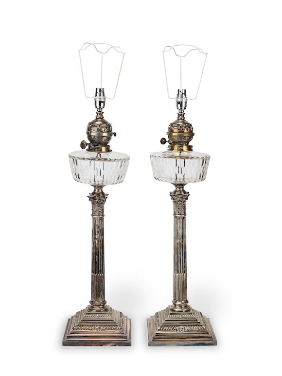 Bonhams : A pair of late 19th century silver-plated oil lamp bases (2)