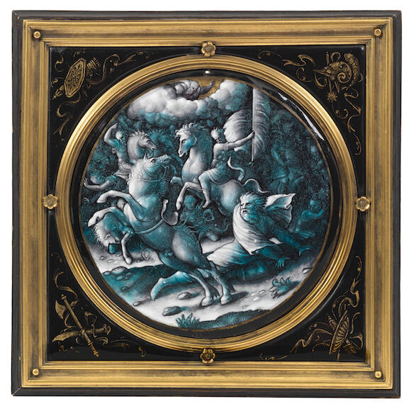 Bonhams : A Limoges grisaille and turquoise shaded enamel circular plaque depicting the ...