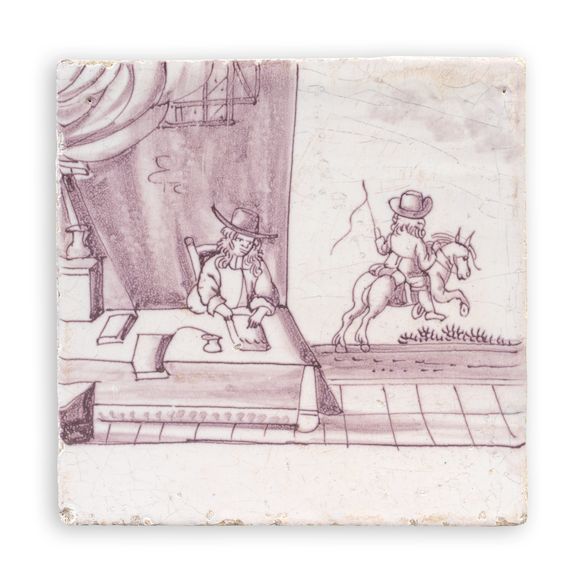 Bonhams : An English delftware Popish Plot tile, circa 1680-1700