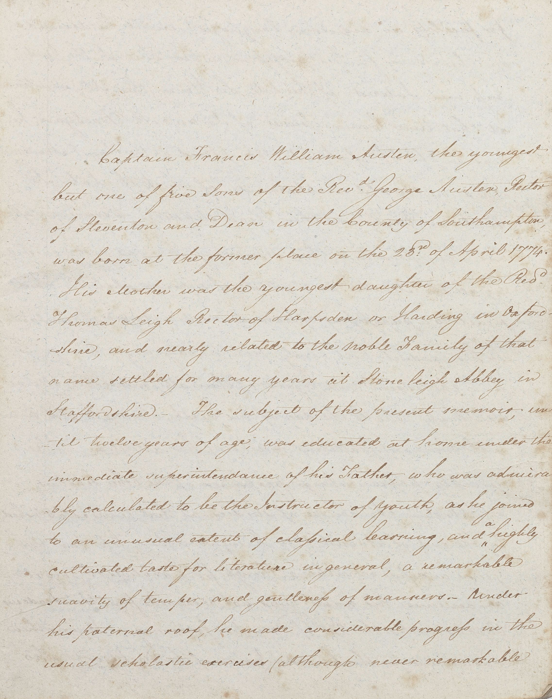 AUSTEN (JANE) – ADMIRAL SIR FRANCIS WILLIAM AUSTEN Manuscript ...