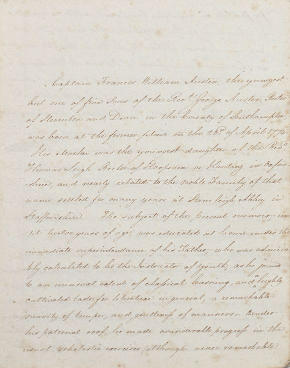 Bonhams : AUSTEN (JANE) – ADMIRAL SIR FRANCIS WILLIAM AUSTEN Manuscript biographical memoir, c.1863