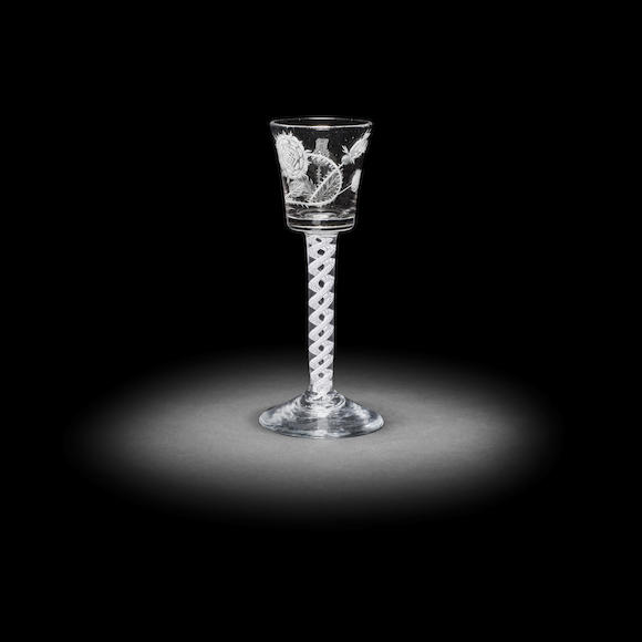 Bonhams An Unusual Jacobite Engraved Opaque Twist Wine Glass Circa 1760