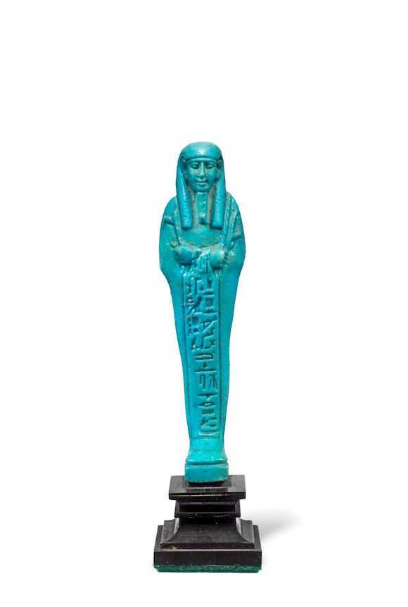 Bonhams : An Egyptian blue glazed faience shabti for the priest Psamtek ...