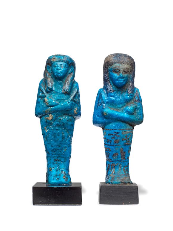 Bonhams : Two Egyptian bright blue glazed faience shabtis, one for the ...