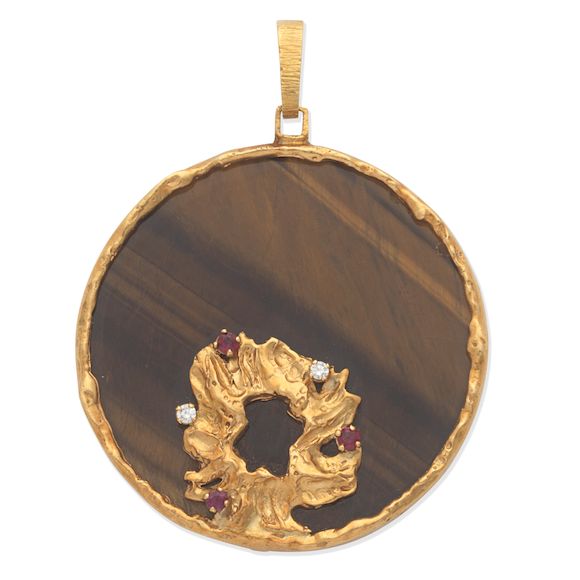 Bonhams : BEN ROSENFELD TIGER'S EYE, RUBY AND DIAMOND PENDANT,