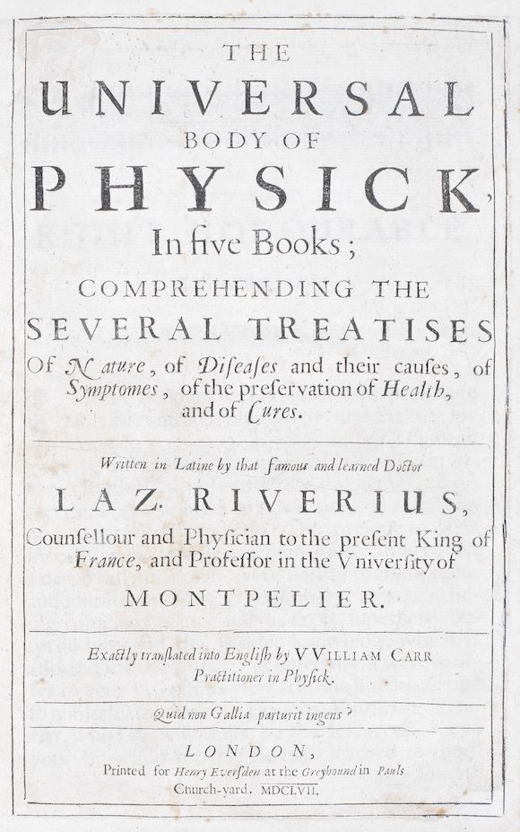 Bonhams : RIVIERE (LAZARE) The Universal Body of Physick in Five Books ...