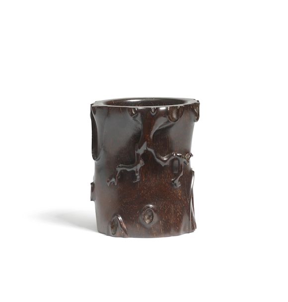 Bonhams : A RARE ZITAN 'TREE-TRUNK' BRUSHPOT, BITONG Mid Qing Dynasty
