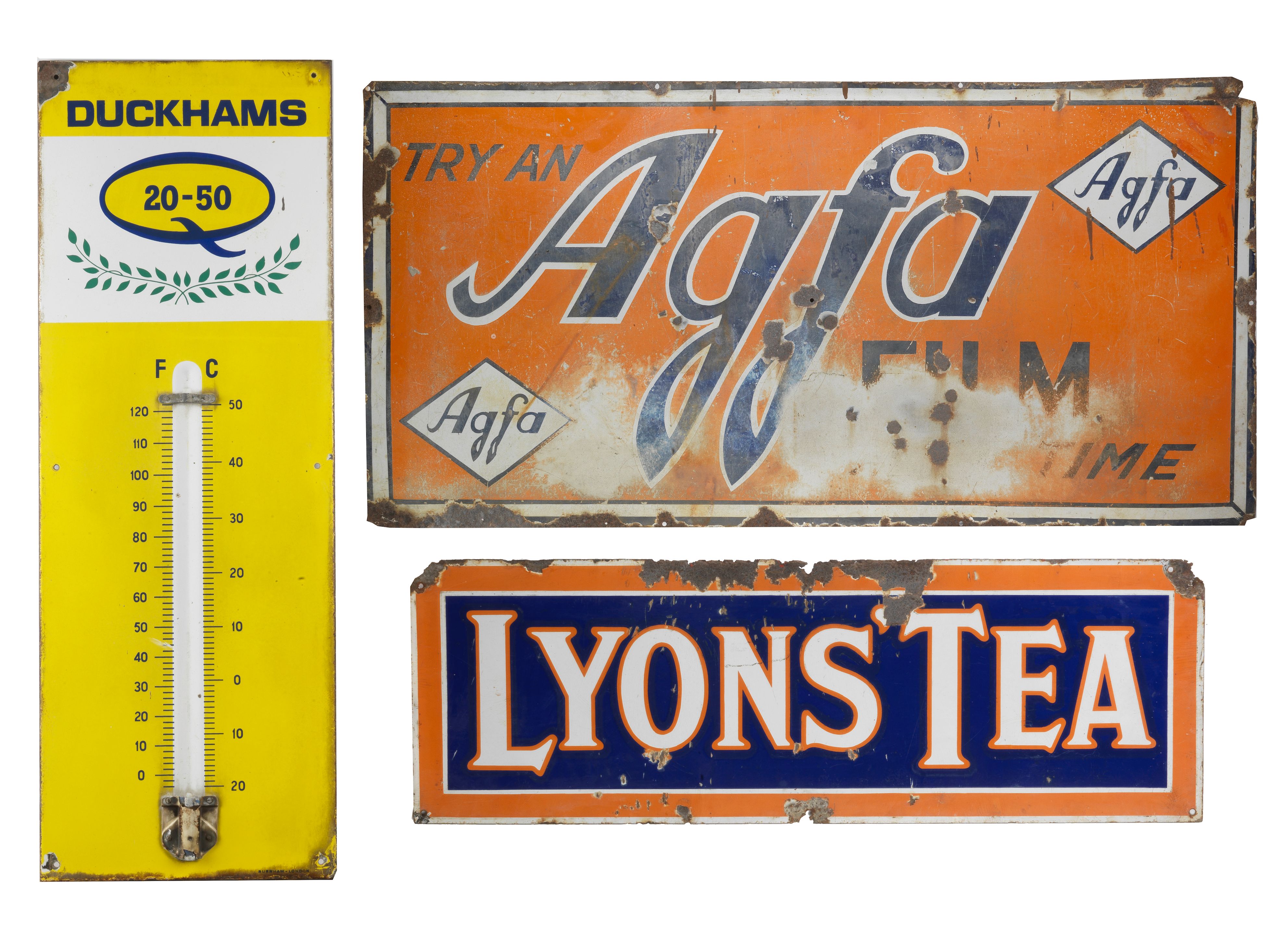 Bonhams Cars : Three enamel advertisings signs, ((3))