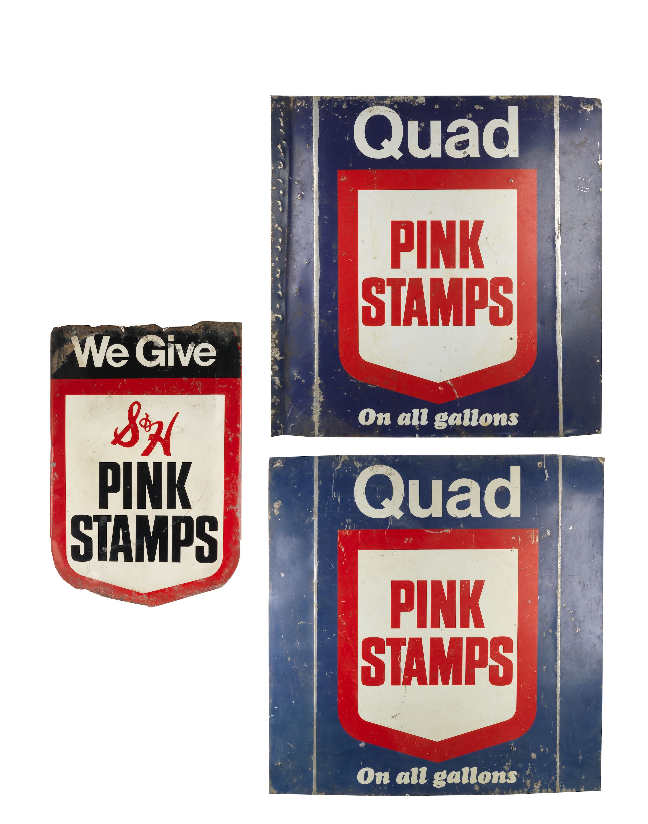 Bonhams Cars : Three large Pink Stamps advertising signs, ((3))