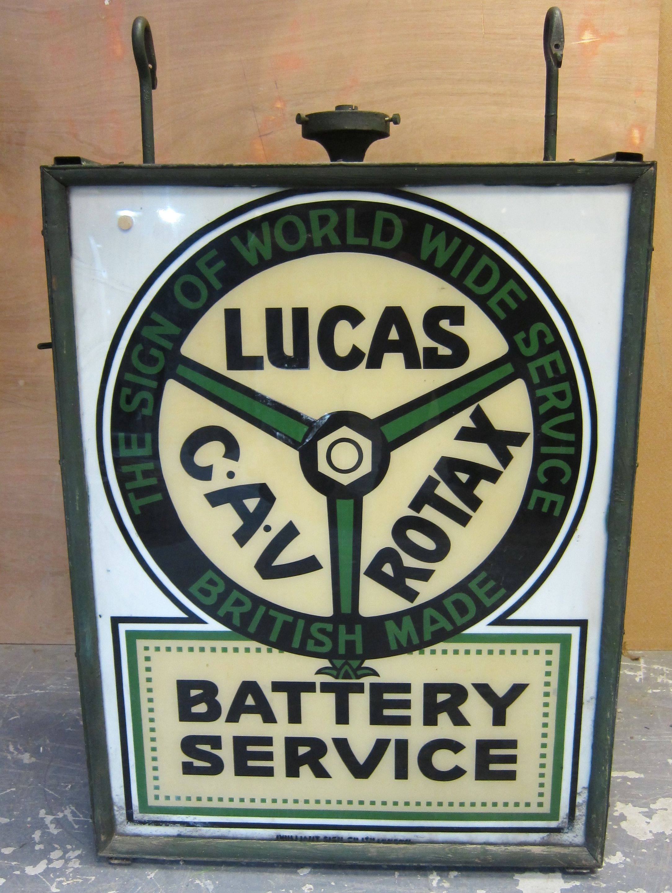 Bonhams Cars : A Lucas – CAV – Rotax Battery service hanging sign,