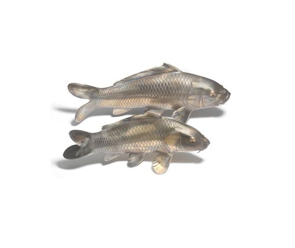 Bonhams : A silver pair of carp, After Takagawa Joshin, Taisho/ Showa ...