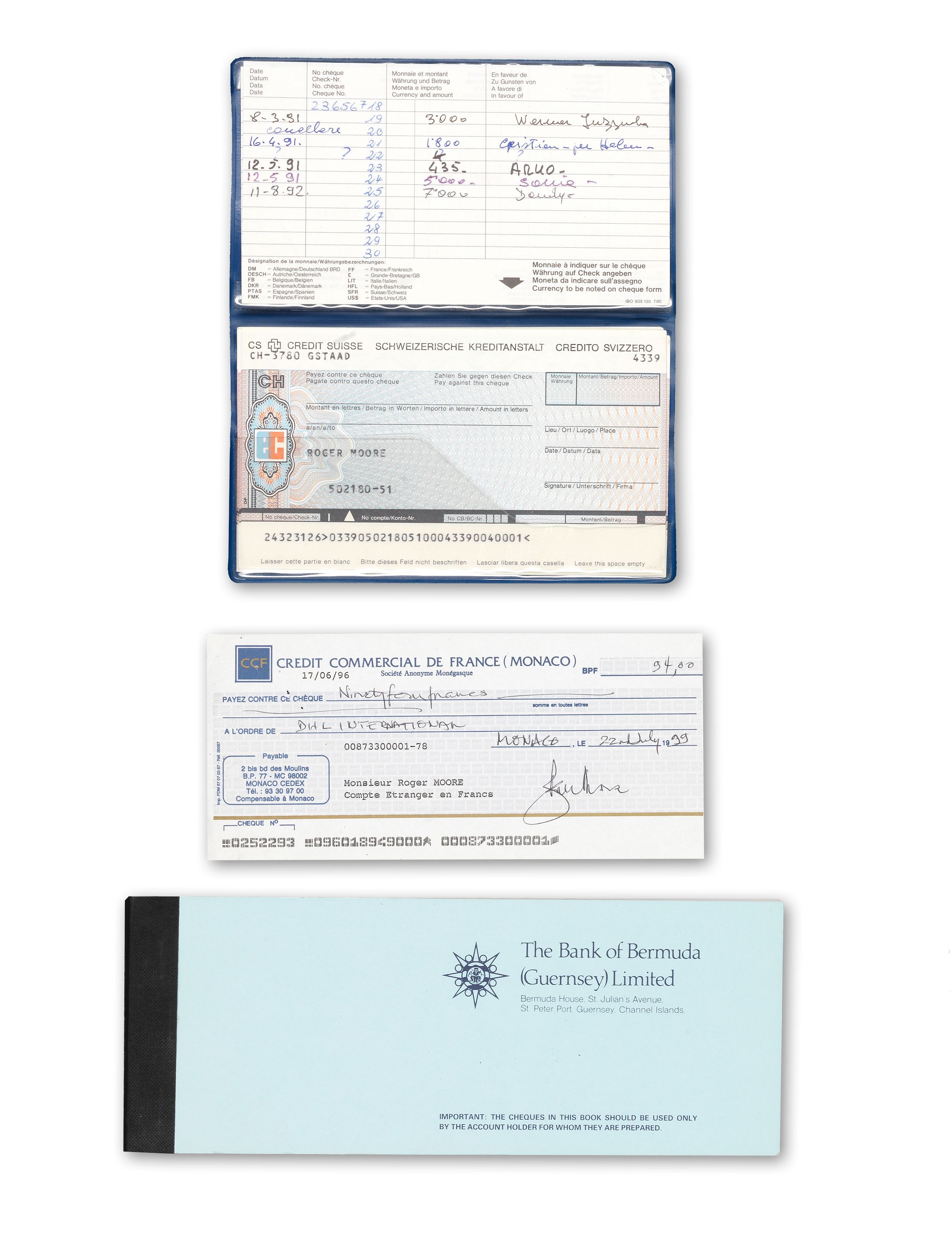 Bonhams : A signed Sir Roger Moore cheque and two cheque books 1990s