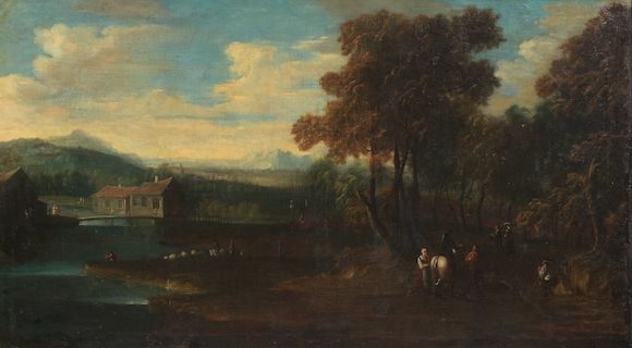 Bonhams : Dutch School, 18th Century A river landscape with figures on a country path