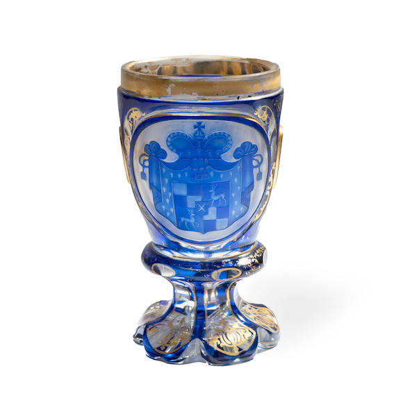 Bonhams A Bohemian Blue Flashed And Gilt Heightened Glass Armorial