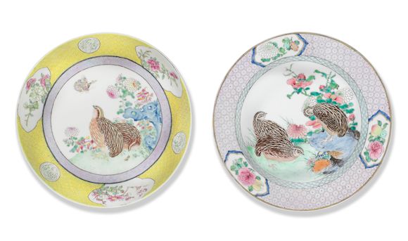 Bonhams : TWO RARE FAMILLE ROSE EGGSHELL 'QUAIL' RUBY-BACK DISHES ...