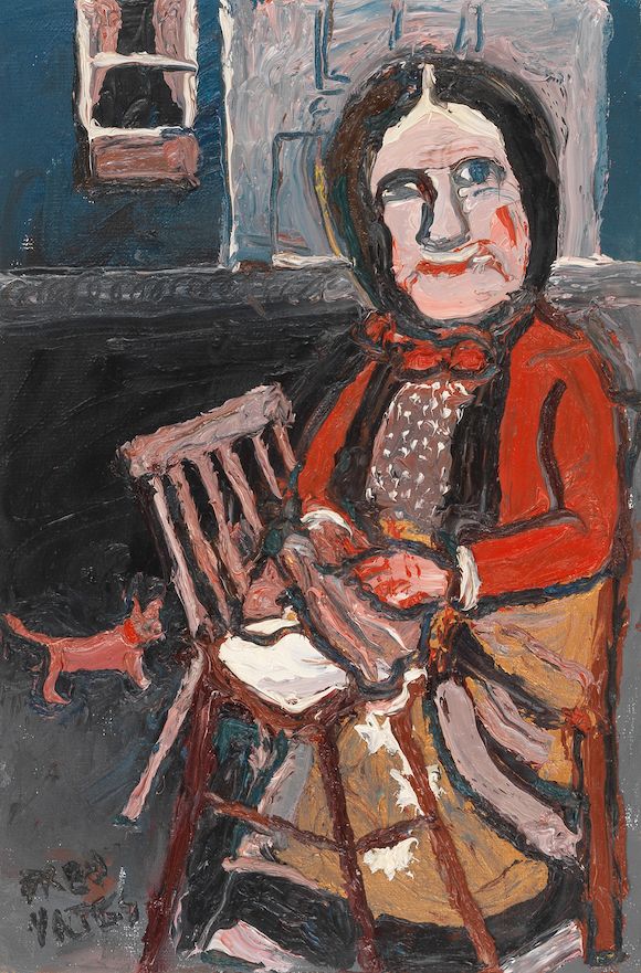 Bonhams : Fred Yates (British, 1922-2008) Old Woman Knitting