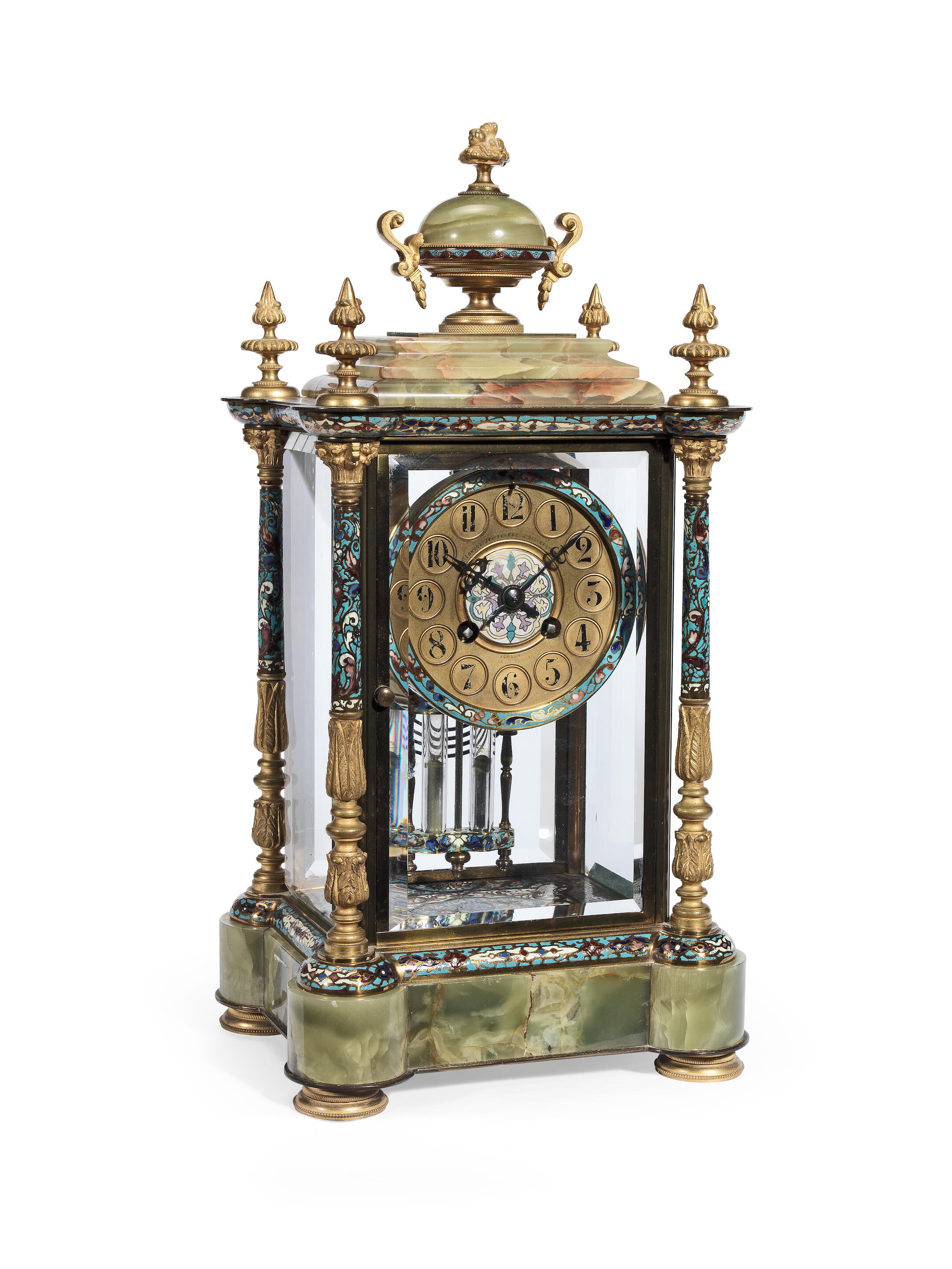 Bonhams : A late 19th century French gilt brass, champleve enamel and green onyx four glass ...
