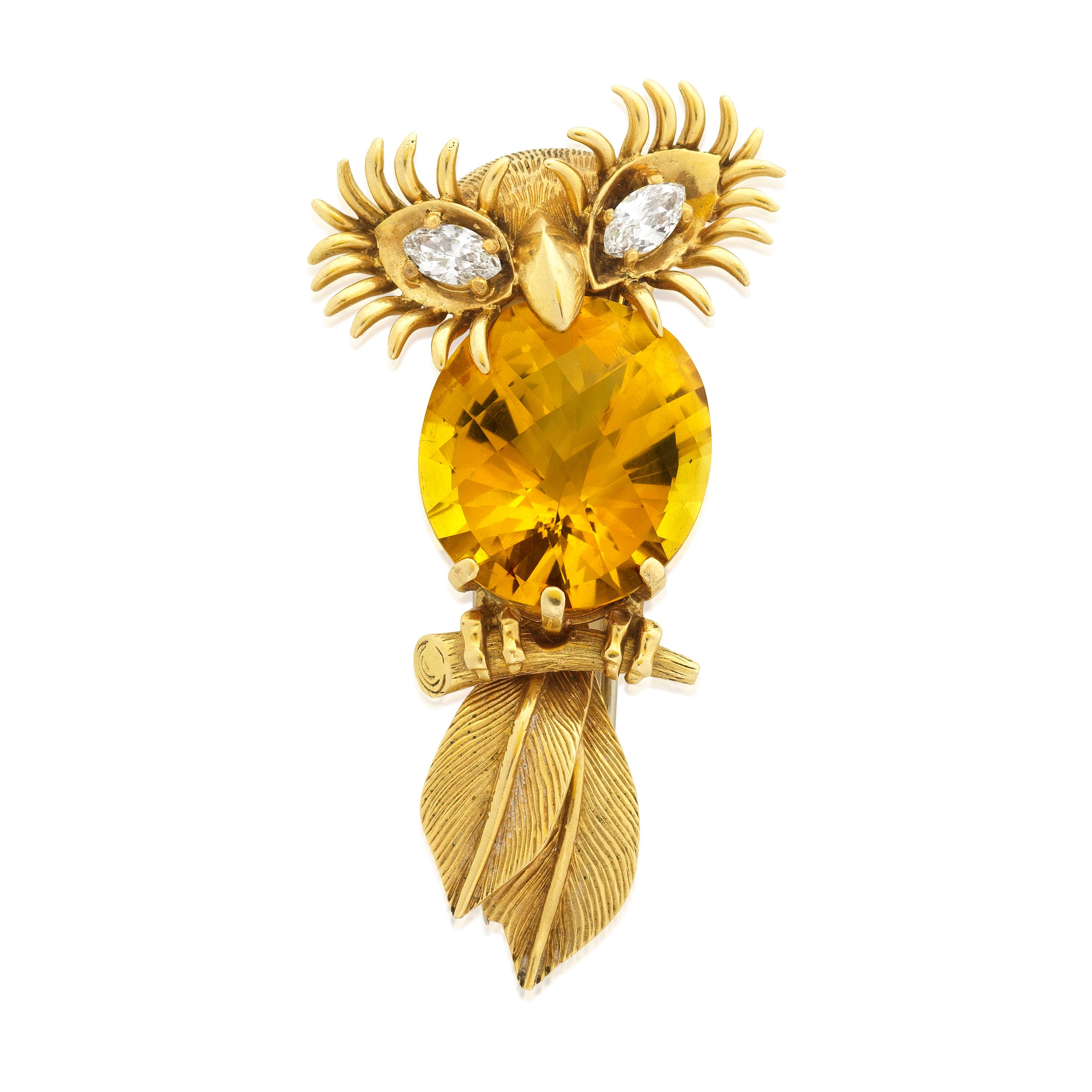 Bonhams : MONTURE CARTIER CITRINE AND DIAMOND OWL BROOCH, CIRCA 1960