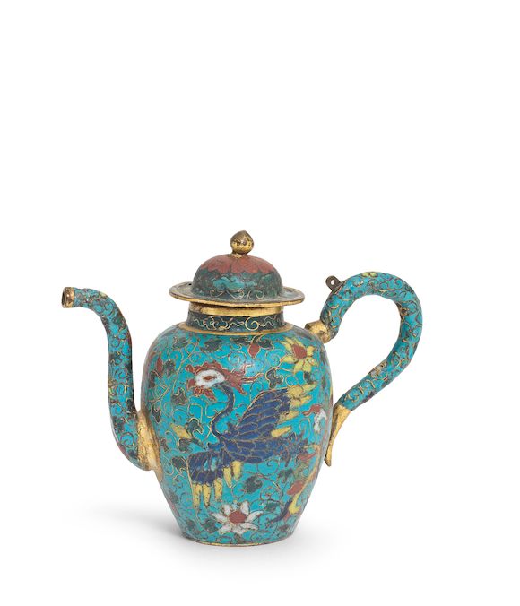 Bonhams : A VERY RARE CLOISONNÉ-ENAMEL AND GILT-BRONZE WINE EWER AND ...