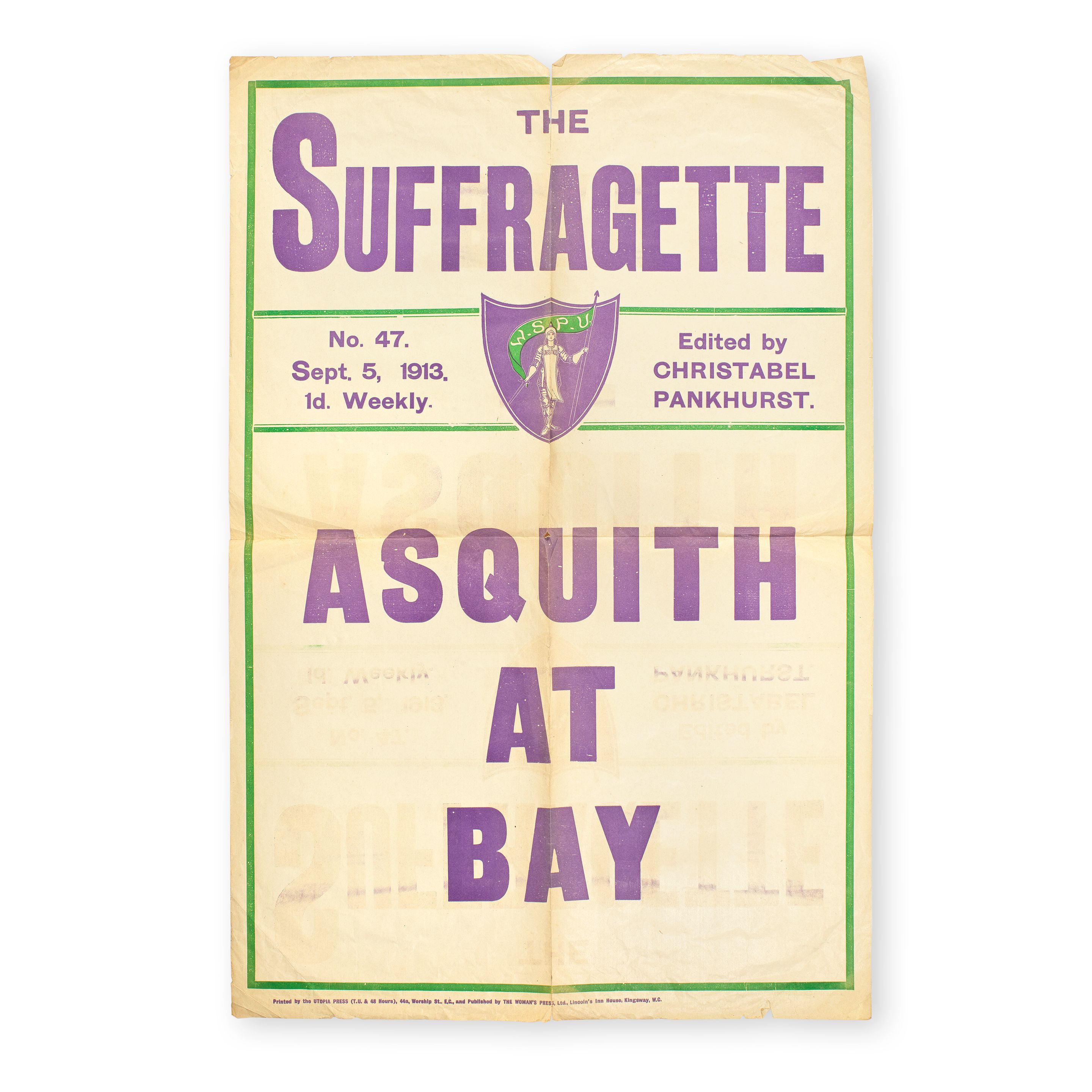 Bonhams : SUFFRAGETTE NEWSPAPER PLACARD Asquith At Bay, 1913