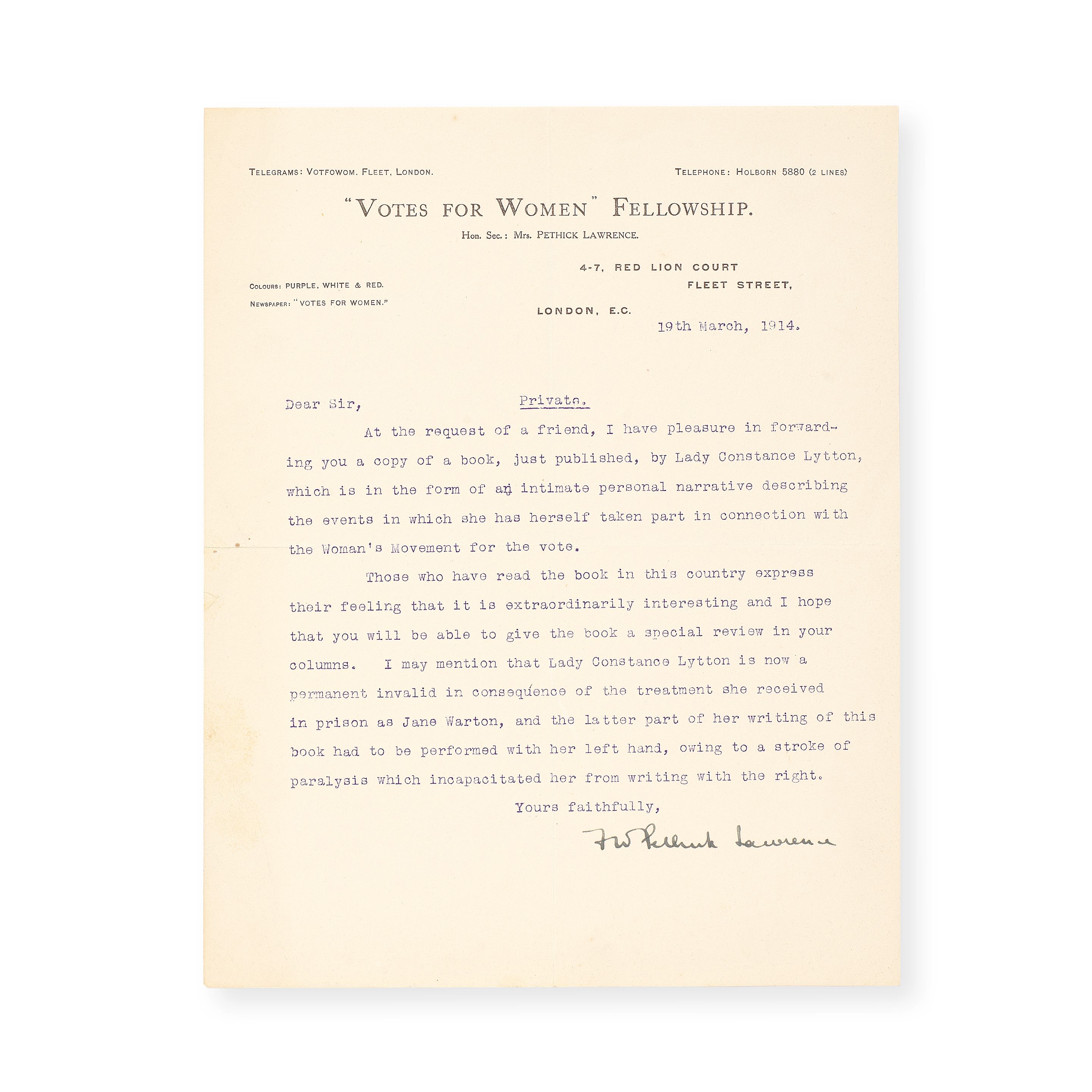 Bonhams : PETHICK LAWRENCE (FREDERICK) Typed letter signed, 19 March 1914
