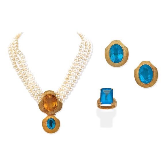 Bonhams : SIMON BENNEY: CITRINE, BLUE TOPAZ AND CULTURED PEARL NECKLACE ...