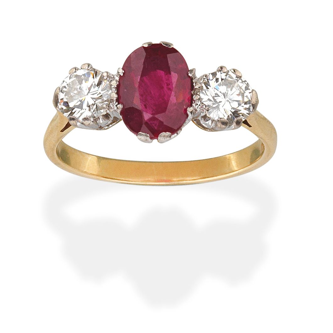 Bonhams : RUBY AND DIAMOND THREE-STONE RING,