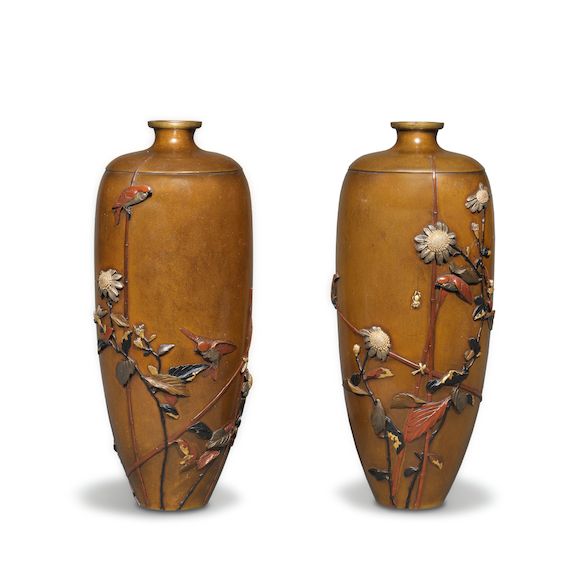 Bonhams : MIYABE ATSUYOSHI OF KYOTO A Pair of Inlaid Bronze Slender ...