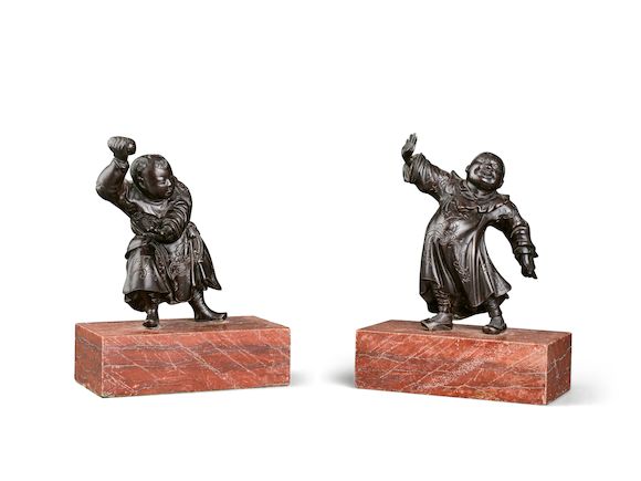 Bonhams : TWO BRONZE OKIMONO (TABLE ORNAMENT) OF KARAKO (CHINESE BOYS ...