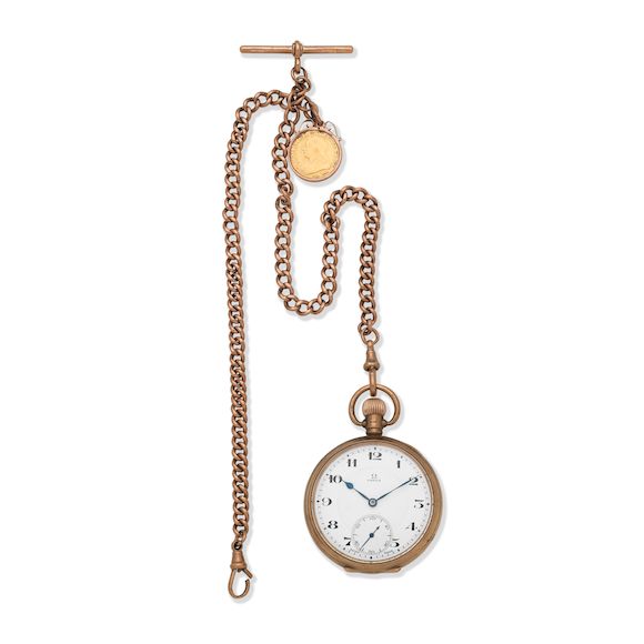 Bonhams : Omega. A 9K gold keyless wind open face pocket watch with 9K ...