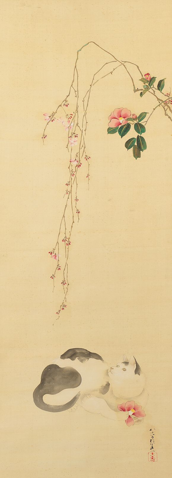 Bonhams : NOZAKI SHIN'ICHI (HOSEI, 1821-1910) Cat, Camellia, and ...