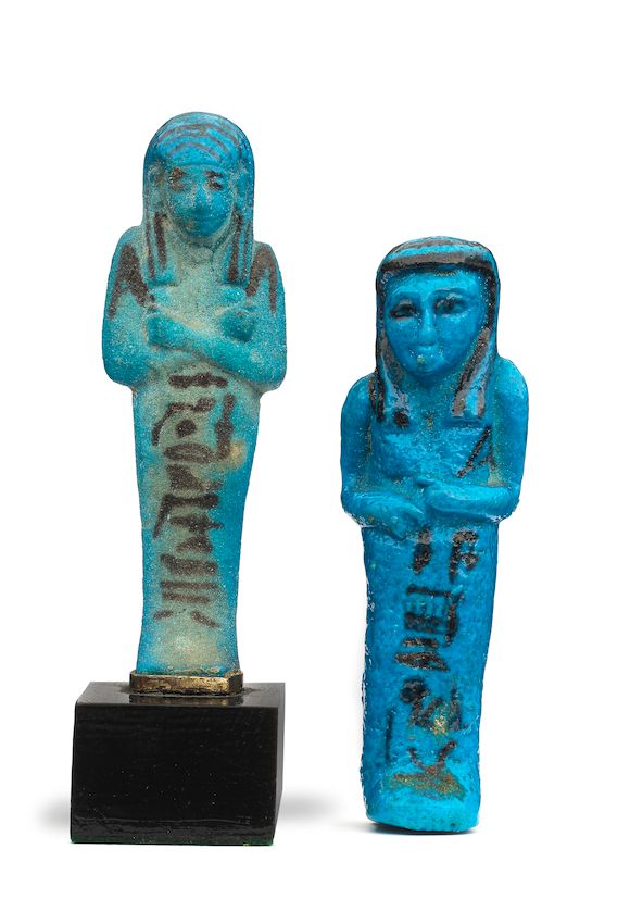 Bonhams : Two Egyptian bright blue glazed faience shabtis: for the ...