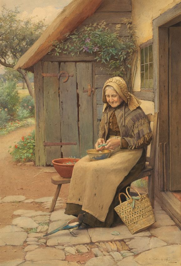 Bonhams : Charles Edward Wilson (British, 1854-1941) Shelling peas