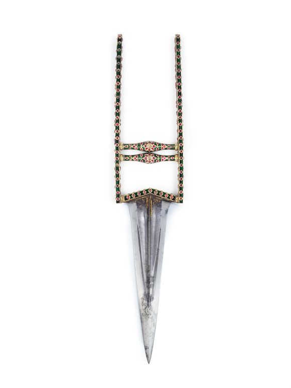 Bonhams : A fine Mughal gem-set enamelled steel push dagger (katar ...