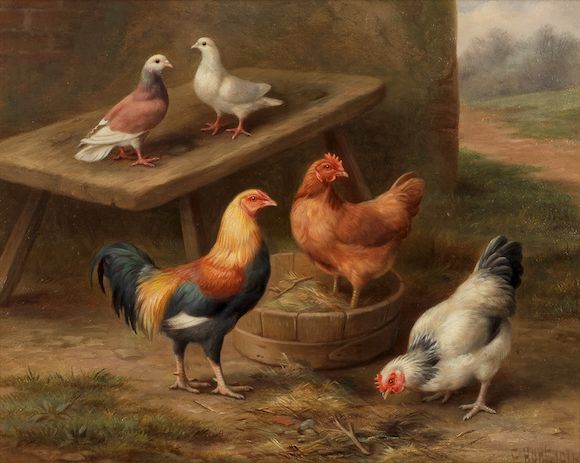 Bonhams : Edgar Hunt (British, 1876-1953) Hens and doves in a farmyard