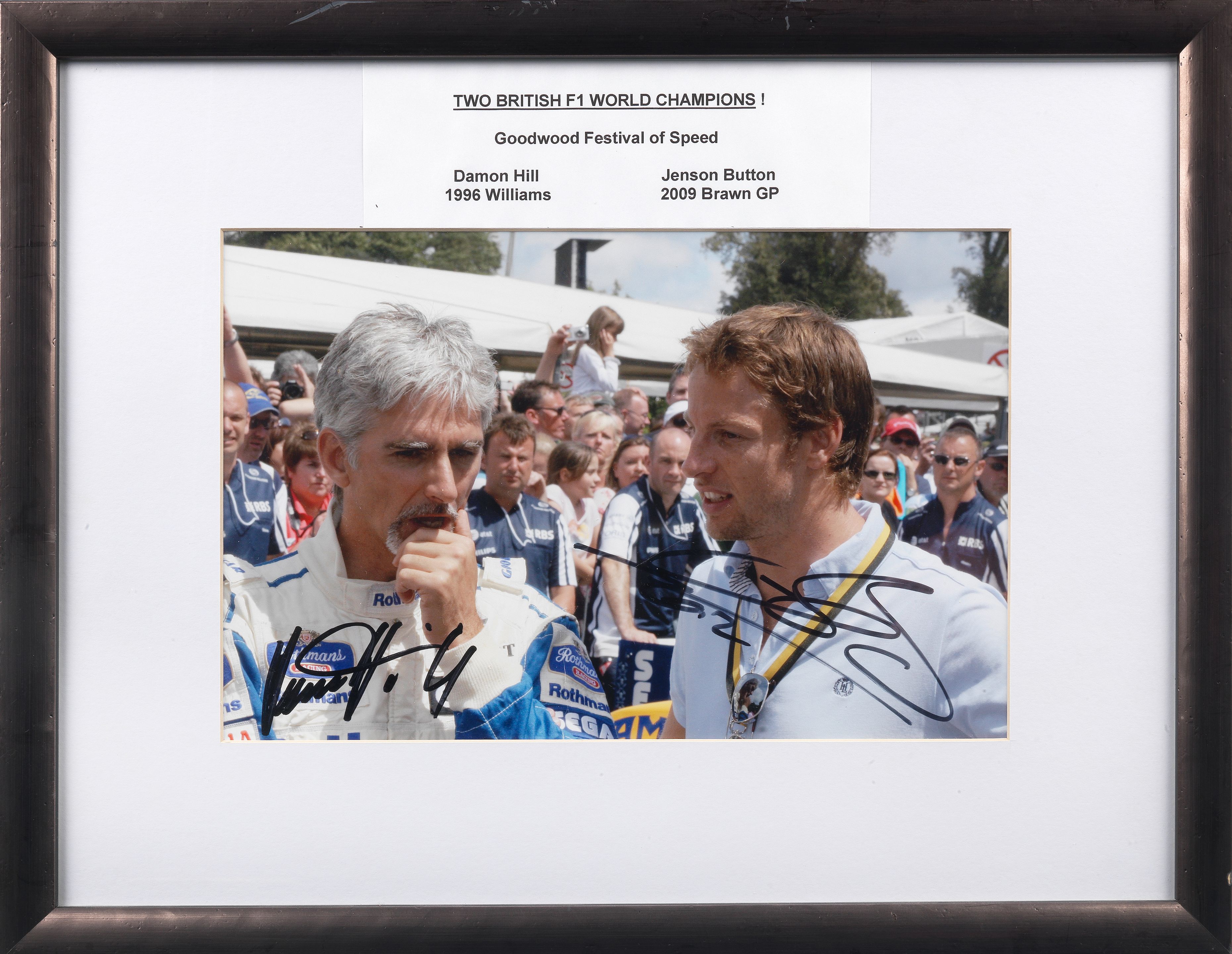 Bonhams Cars : 'Two British F1 World Champions', a photograph signed by Damon Hill & Jenson Button,