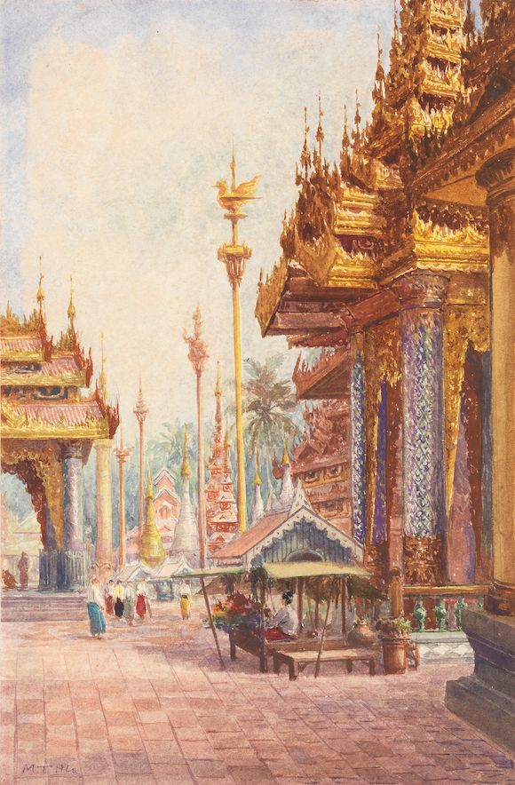 Bonhams : Mg Tun Hla (Burmese, 1874-1946) A terrace view of the Shwedagon Pagoda, Rangoon unframed