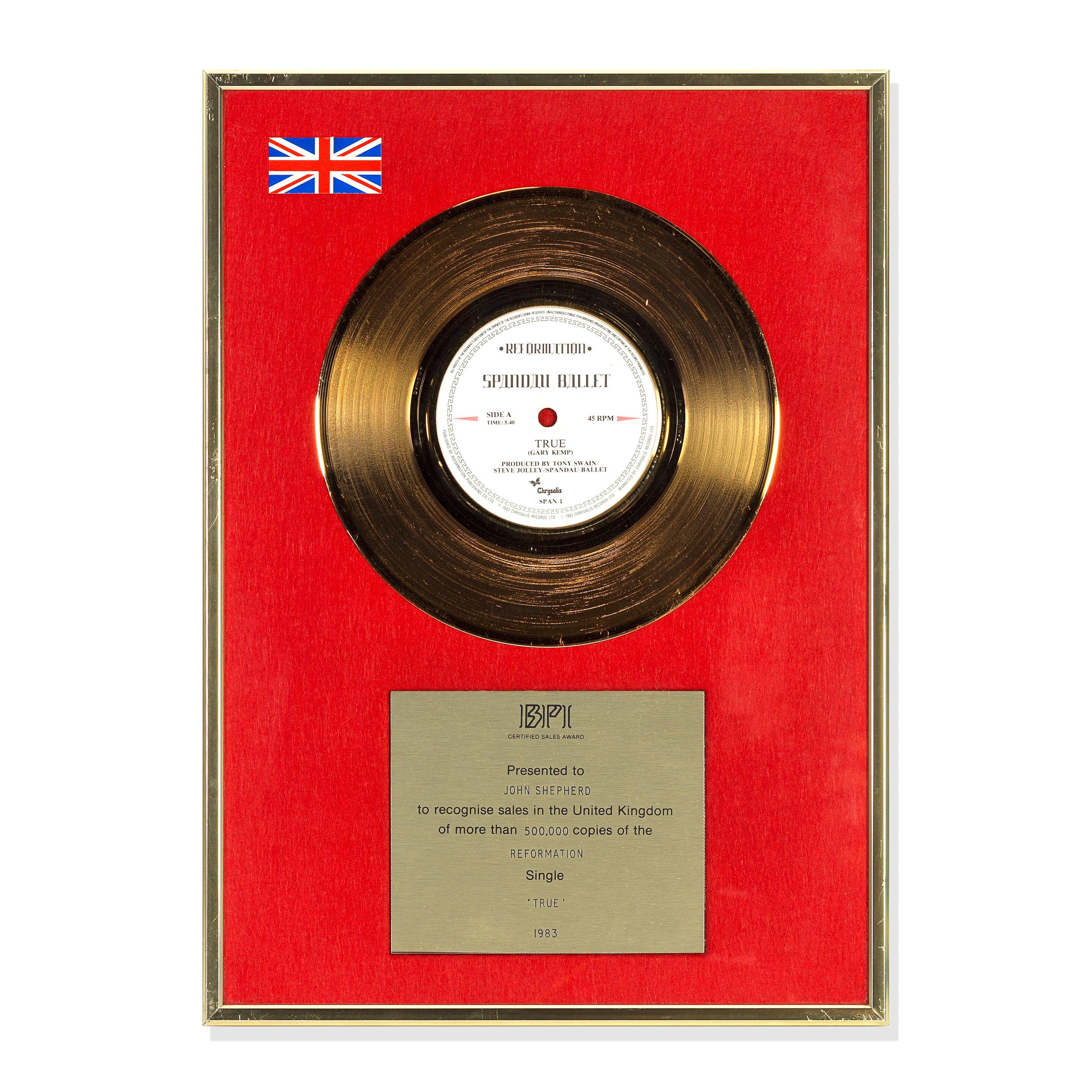 Bonhams : Spandau Ballet A BPI 'Gold' Disc Award For The Single True, 1983,
