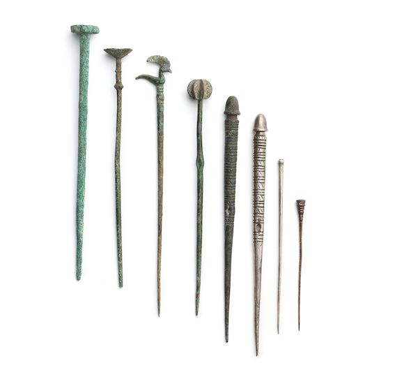 Bonhams : Two Persian silver dress pins and six Persian bronze pins 8
