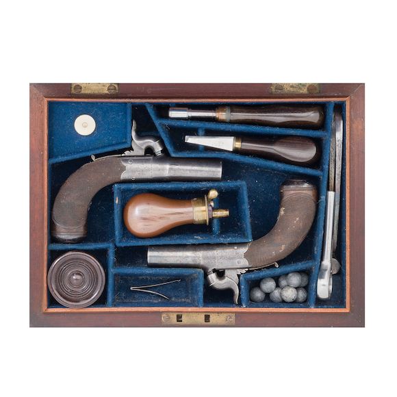 Bonhams : A Rare Cased Pair Of 60-Bore Percussion Box-Lock Pocket Pistols