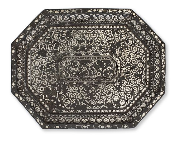 Bonhams : A silver-inlaid alloy bidri tray Deccan, 17th/ 18th Century