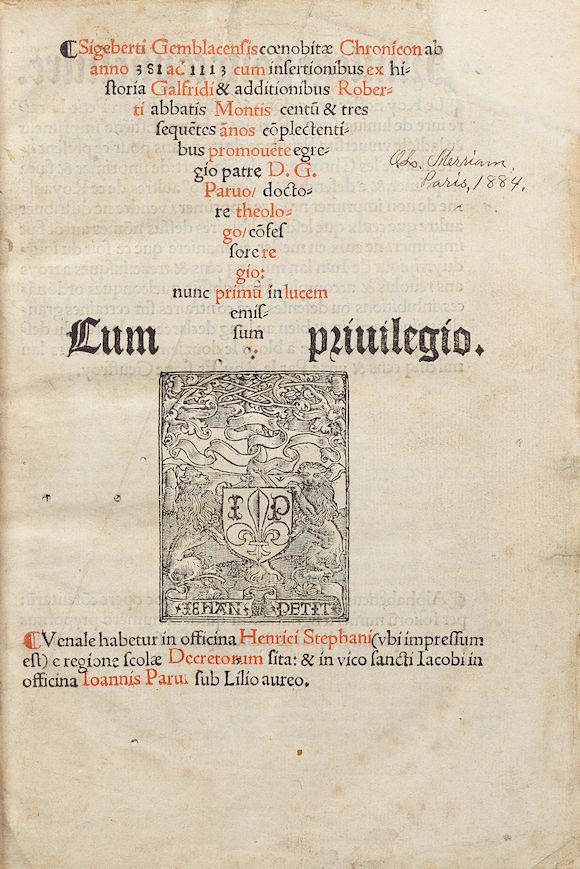 Bonhams : SIGEBERT OF GEMBLOUX Chronicon ab anno 381 ad 1113, Paris ...