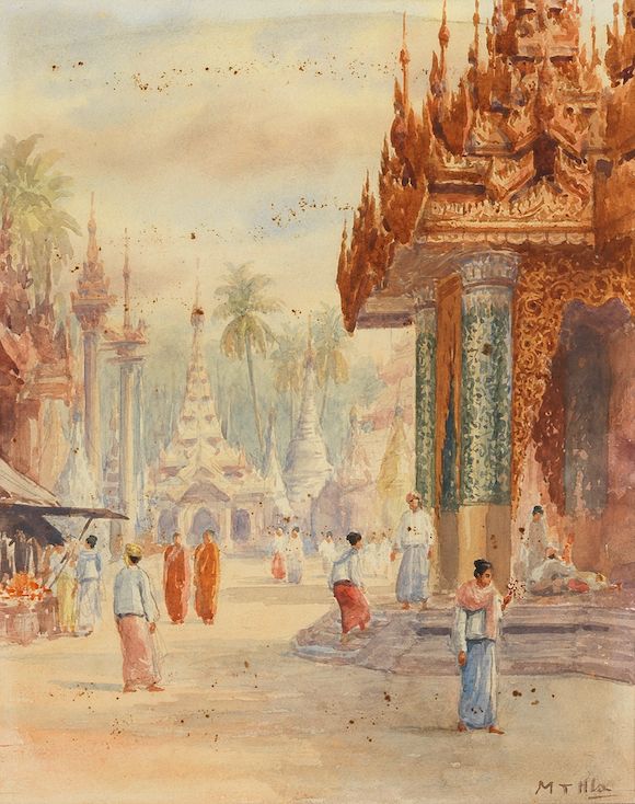 Bonhams : Mg Tun Hla (Burmese, 1874-1946) Two views in Burma: The Platform of Shwedagon Pagoda ...