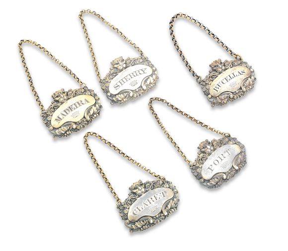 Bonhams : A set of Five George III Silver Decanter Labels By Solomon ...