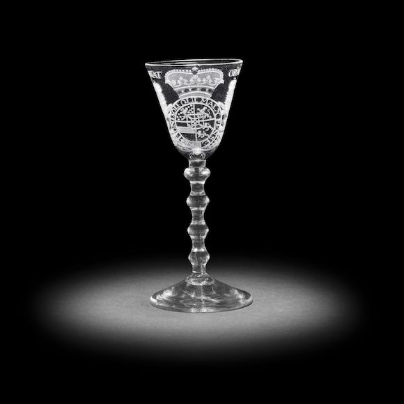 Bonhams : A Dutch engraved Royal armorial light baluster wine glass ...