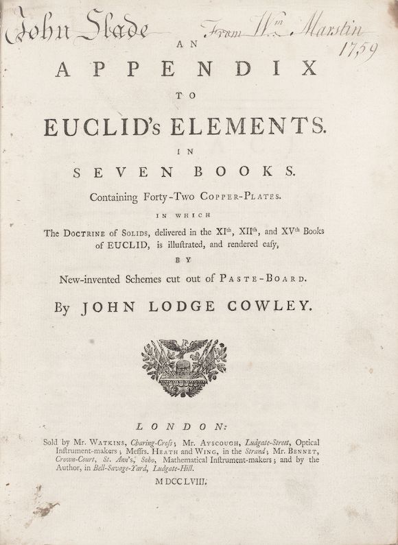 Bonhams : EUCLID COWLEY (JOHN LODGE) An Appendix to Euclid's Elements ...