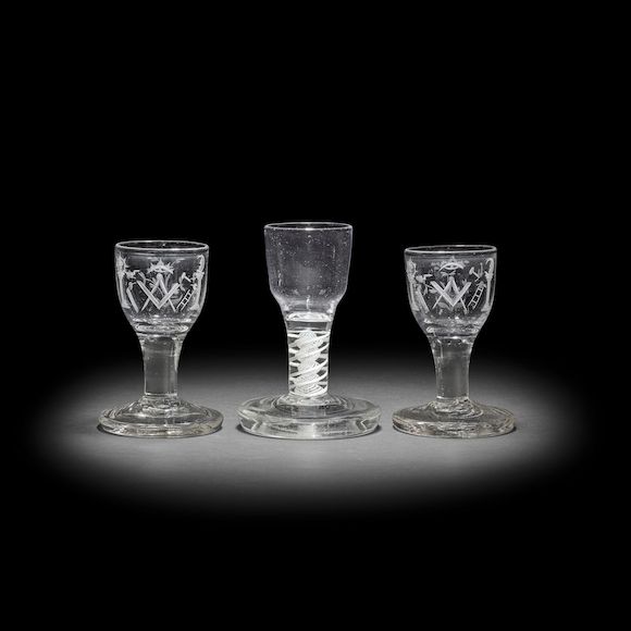 Bonhams : A pair of Masonic engraved firing glasses and an opaque twist ...