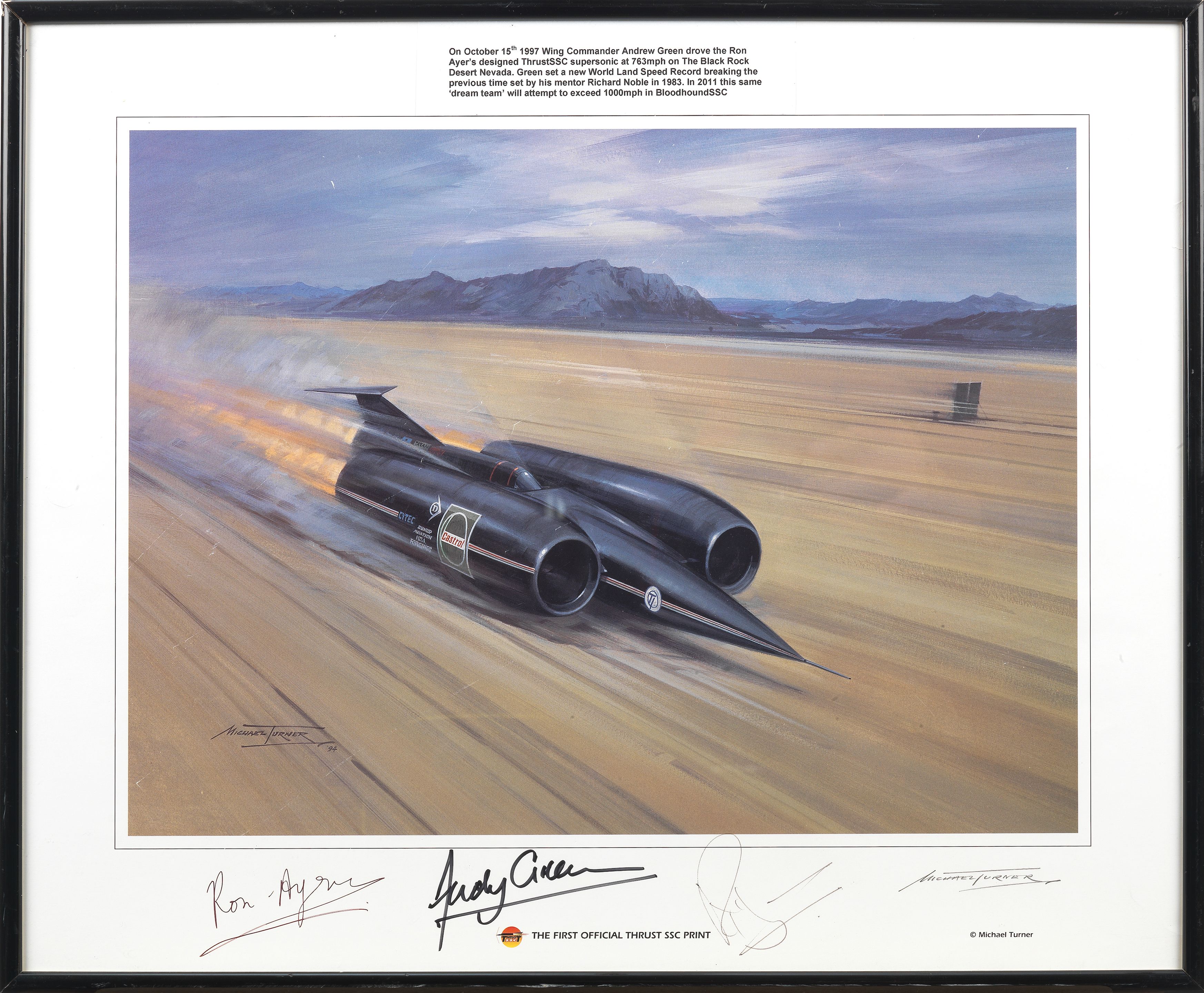 Bonhams Cars : 'Thrust SSC', a signed print after Michael Turner,