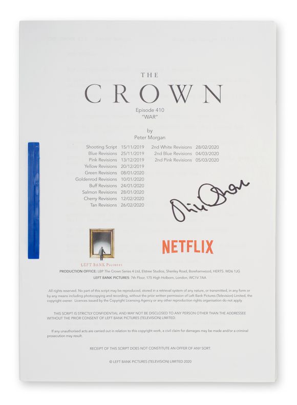 Bonhams : An autographed script for The Crown Season 4, Episode 10, 'War'