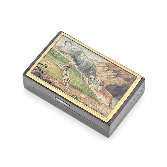 Bonhams : An Italian micro mosaic snuff box featuring two hounds bull ...